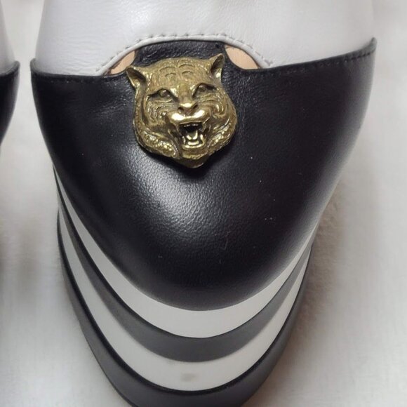 Gucci | Shoes | Gucci Navy Blue White Leather Angel Feline Head Tstrap ...